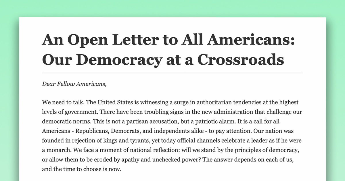 An Open Letter to All Americans: Our Democracy at a Crossroads